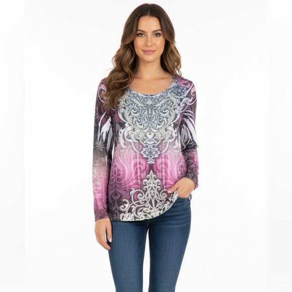 Reba | Tops | Reba Womens Pink And Black Patterned Blouse With Long ...